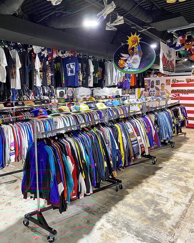 Rows of vintage finds stretch endlessly, creating a nostalgic wonderland where every hanger holds a potential story.