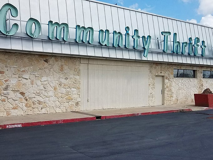 Stone facade meets vintage signage – this thrift paradise has been turning one person's castoffs into another's treasures for years.