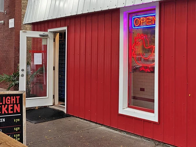 Sometimes the best chicken joints come in the most unexpected packages, complete with neon promises of spicy satisfaction.