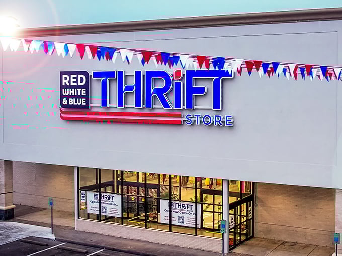 Colorful pennants flutter above this Houston thrift mecca, beckoning bargain hunters to the adventure within.