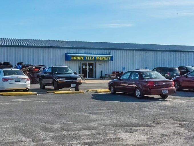 A no-frills exterior hides a world of treasures inside – Shore Flea Market's parking lot fills up early on weekends!