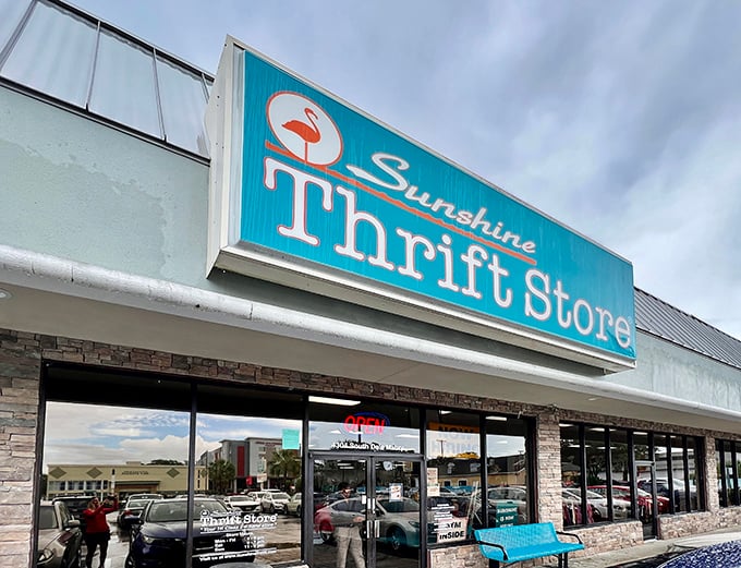 Stone accents and glass windows hint at organized treasures waiting inside this Tampa thrift paradise.