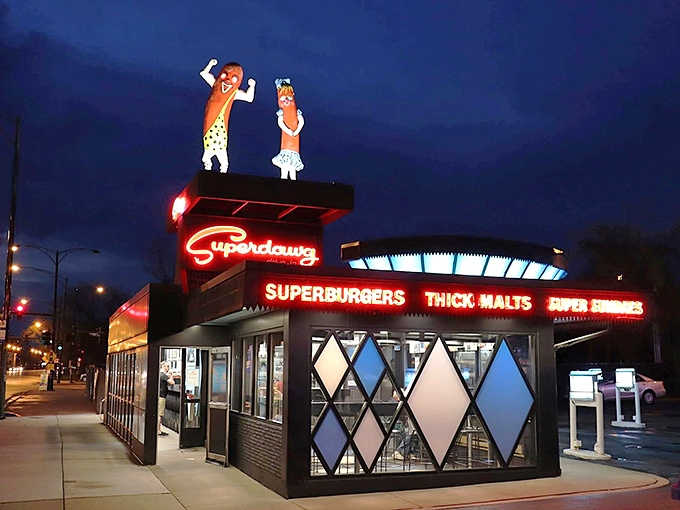 When neon meets nostalgia, magic happens—this retro drive-in glows like a beacon for hungry souls seeking comfort.