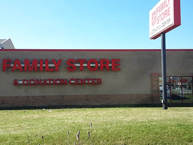 The classic Salvation Army sign beckons thrifters with the promise of incredible finds at unbeatable prices.
