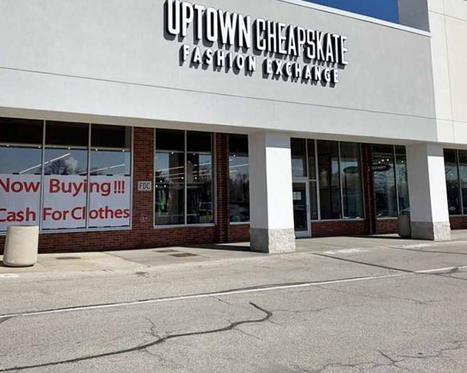 "Now Buying!!!" The sign says it all – turn your closet cleanout into cash at this fashion-forward thrift paradise.