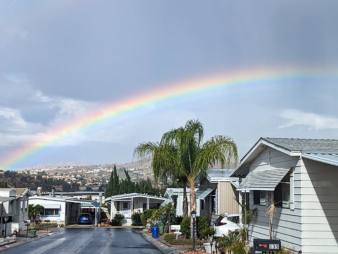 Rainbow over affordable living proves even Mother Nature approves of smart retirement choices in Riverside.