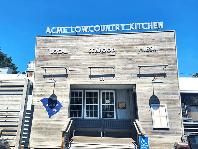 Acme Lowcountry Kitchen's weathered wood exterior isn't just Instagram-worthy—it's a promise that authentic seafood awaits inside.