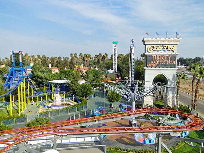 From above, Castle Park reveals its compact magic – rides, attractions, and palm trees creating a perfect California escape without the big park crowds.