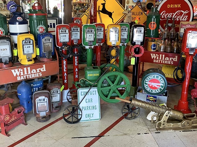 These colorful vintage air pumps aren't just relics—they're mechanical time machines that whisper stories of road trips past.