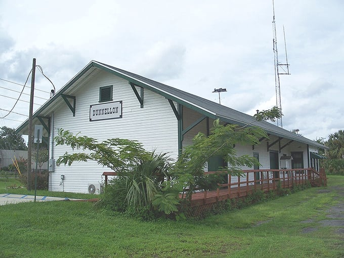 The historic Dunnellon train depot stands as a charming reminder of the town's phosphate boom days, when this quiet community briefly bustled with industry.