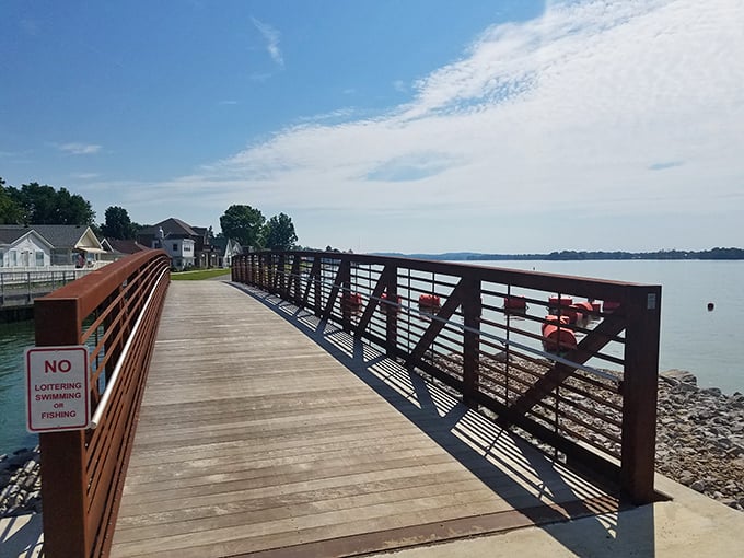 This wooden walkway isn't just a bridge—it's an invitation to adventure, stretching toward Buckeye Lake's promise of leisure and discovery.