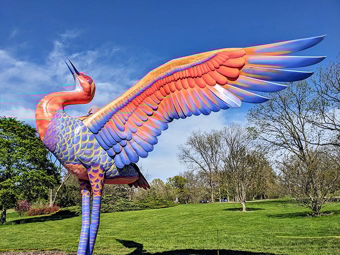This flamingo on steroids brings a splash of Technicolor fantasy to the arboretum's greenscape, like Miami Beach decided to vacation in Illinois.