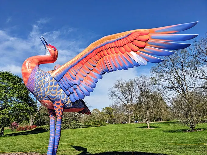 This flamingo on steroids brings a splash of Technicolor fantasy to the arboretum's greenscape, like Miami Beach decided to vacation in Illinois.