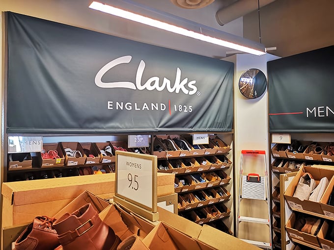 Shoe heaven exists! Clarks' neatly arranged displays promise comfort for your feet and relief for your wallet—the ultimate outlet shopping victory.