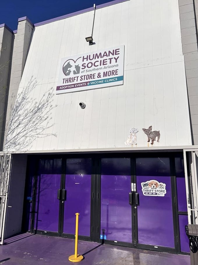 The clean, modern exterior features the Humane Society's mission front and center—shop here and you're not just finding treasures, you're saving lives.