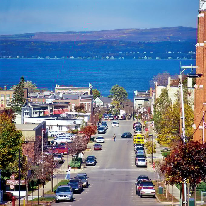 The view that sells real estate! Petoskey's downtown stretches toward the impossibly blue waters of Little Traverse Bay.