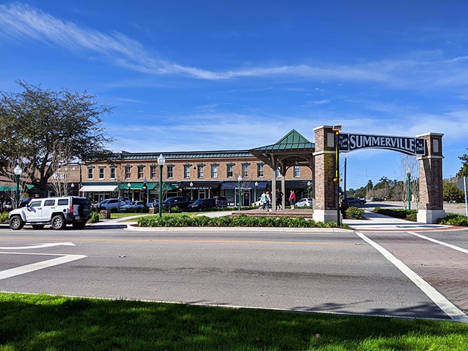 The Summerville gateway stands proud against Carolina's blue sky, like a brick-and-mortar maitre d' ushering you into the town's open-air dining room.