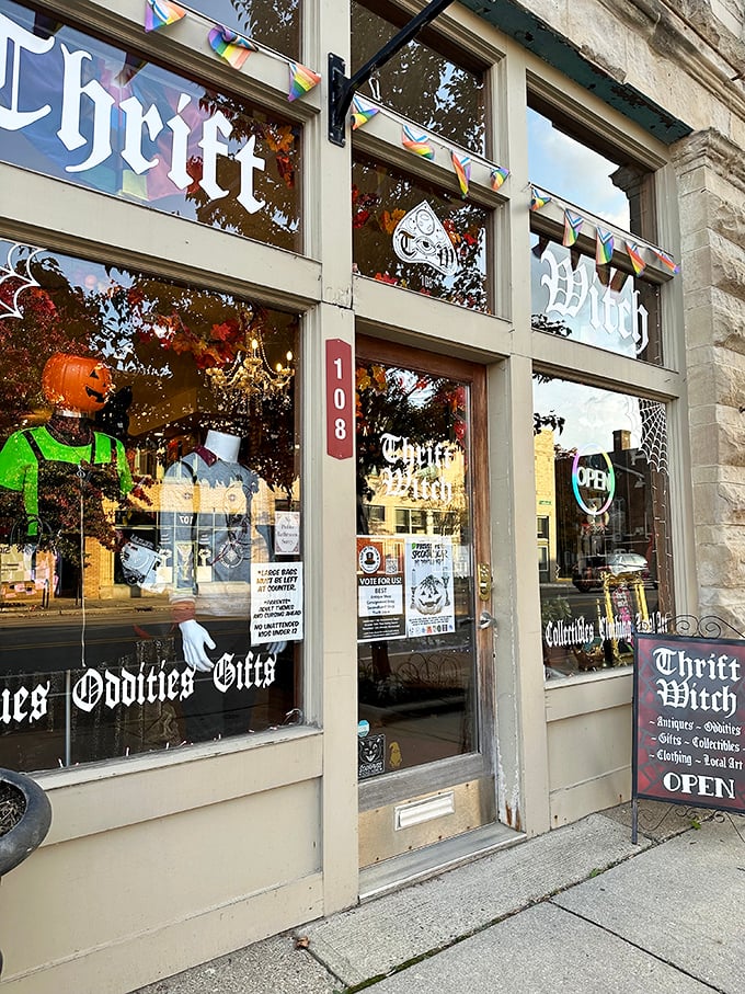 The storefront speaks volumes before you even step inside—gothic lettering, spider webs, and planters that look like they might have opinions about passersby.