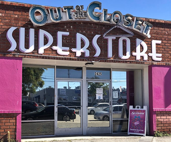 The iconic hanger-shaped sign promises treasures within, beckoning shoppers with its retro-fabulous lettering and unmistakable branding.