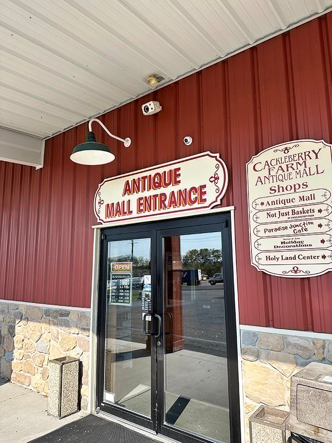 "Antique Mall Entrance" – three simple words that might as well read "Abandon All Sense of Time Here." The red exterior serves as your portal to Pennsylvania's past.