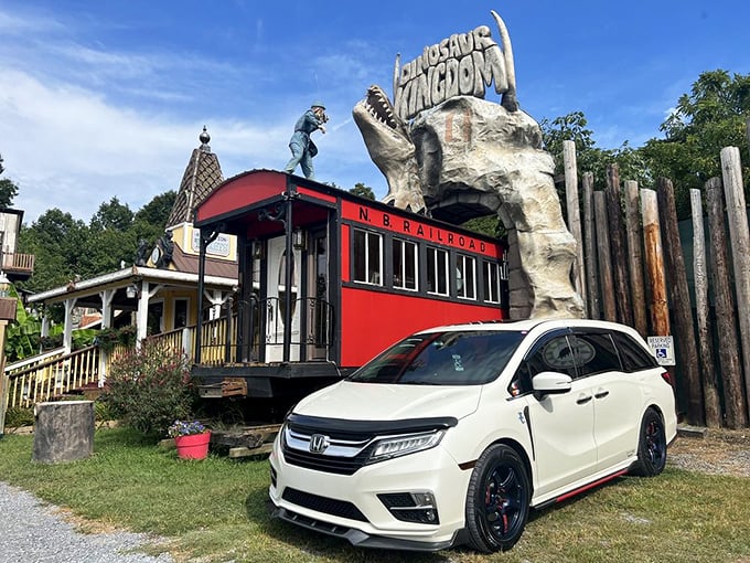 Vintage railroad car meets prehistoric predator – the perfect transportation combo no one asked for but everyone secretly wanted.
