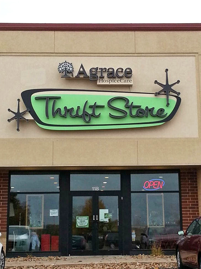 The retro-cool signage beckons bargain hunters with its mid-century modern flair—like a beacon for the thrift-savvy shopper.