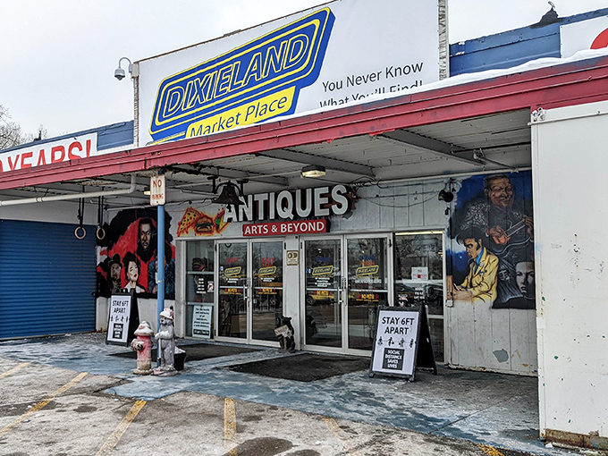 The entrance beckons with its colorful murals and promise of discovery. That "You Never Know What You'll Find" sign isn't kidding—it's retail roulette at its finest.