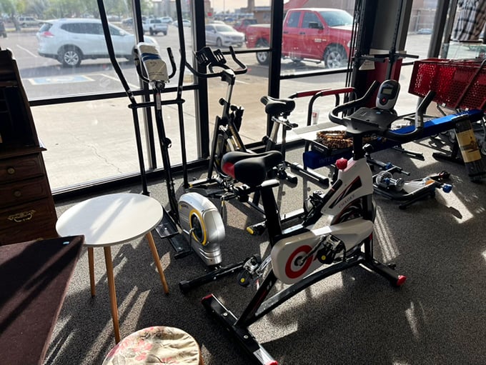 Abandoned New Year's resolutions find their second chance here. These exercise bikes wait patiently for someone who'll actually use them this time.