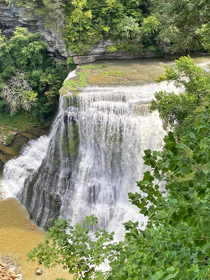 The calm waters above the falls give no hint of the dramatic plunge ahead – nature's lesson in how quickly circumstances can change.