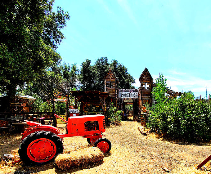 At Fort Cross, that red tractor isn't just for show—it's a reminder that rural charm comes with actual rural credentials.