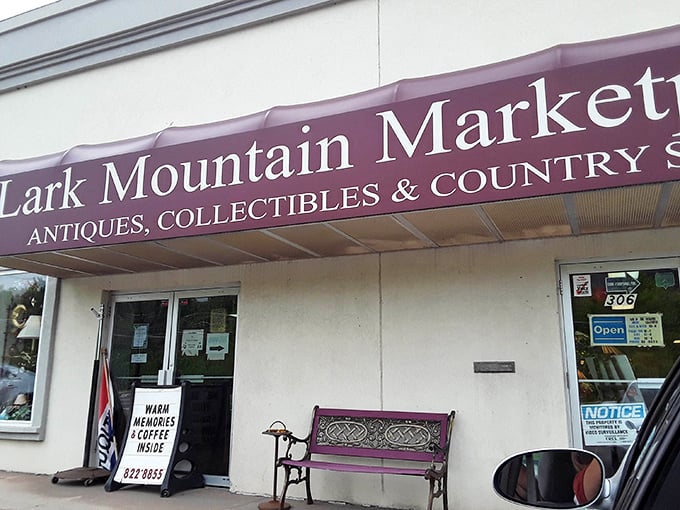 The unassuming purple awning promises "WARM MEMORIES & COFFEE INSIDE" – and that bench outside? You'll need it after hours of nostalgic browsing.