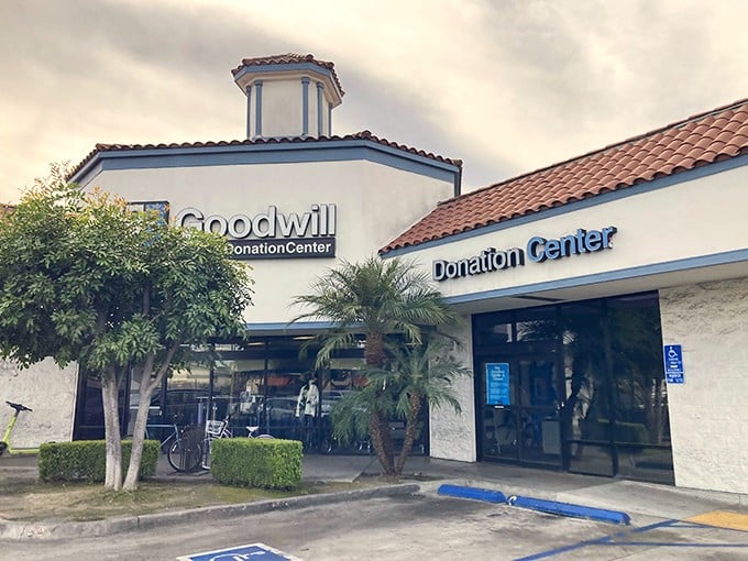 The donation center entrance welcomes both givers and receivers. In the circle of secondhand life, yesterday's closet cleanout becomes tomorrow's fashion statement.