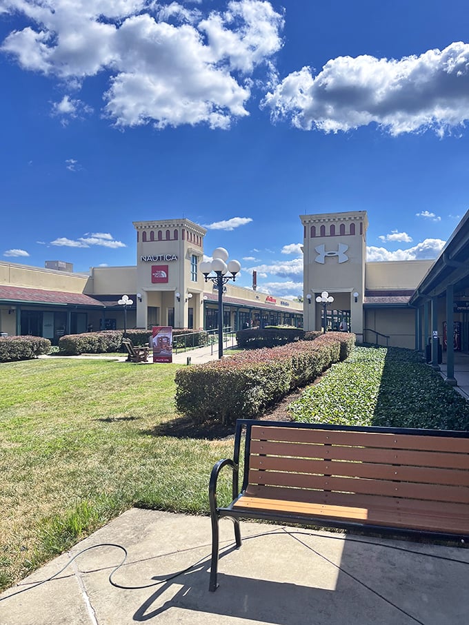 Blue skies and bargains – nature's perfect combination. The architectural details add a touch of class to your discount hunt.
