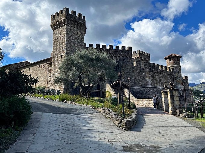 Honey, I think we took a wrong turn and ended up in 13th-century Tuscany. The castle's impressive towers and battlements stand ready against the California sky.