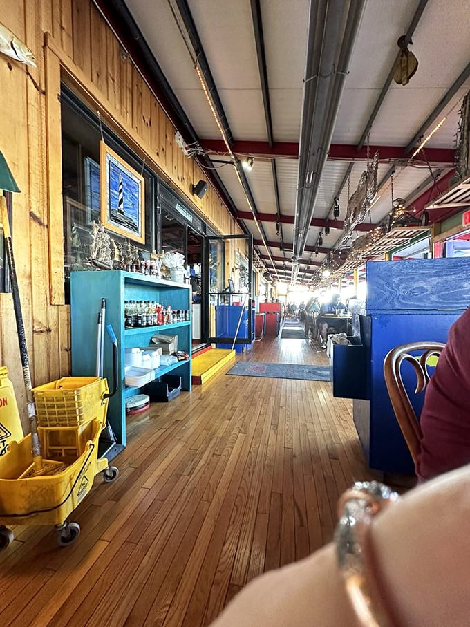Wooden floors and maritime artifacts create the perfect backdrop for seafood feasting – like dining inside a cheerful captain's quarters.