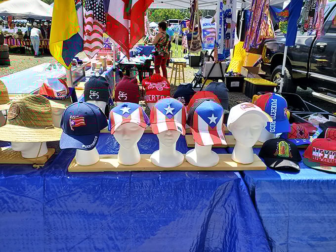 The headwear United Nations! Puerto Rican flags and American patriotism meet on this display of caps that tell stories without saying a word.