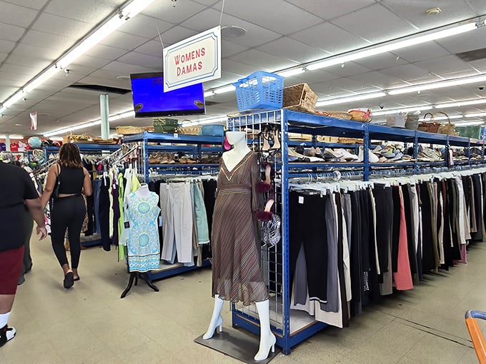 Fashion archaeology at its finest—rows of carefully organized women's clothing await their second chance at making someone feel fabulous.