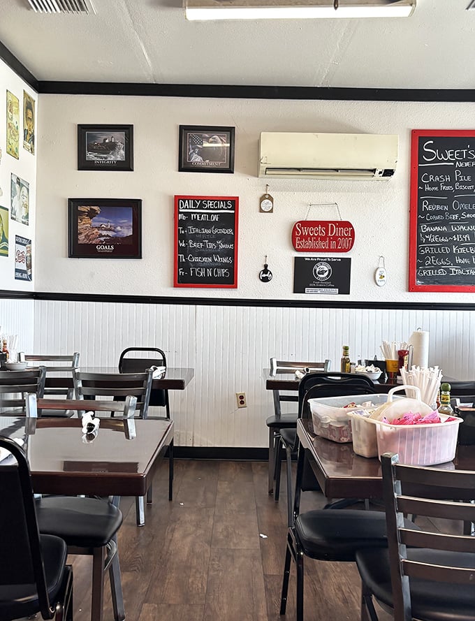 Simple interior with character to spare—where daily specials on chalkboards and framed memorabilia tell stories between bites of breakfast bliss.