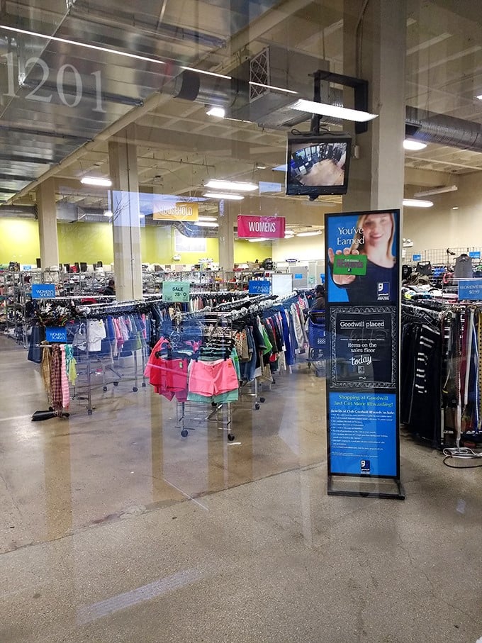 A thrifter's paradise stretches before you—racks organized with military precision but hiding secrets only the patient will discover.