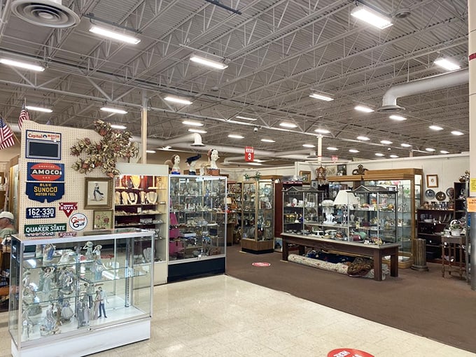 Endless aisles stretch before you, filled with display cases housing miniature museums of Americana. Every turn reveals a new collection to explore.