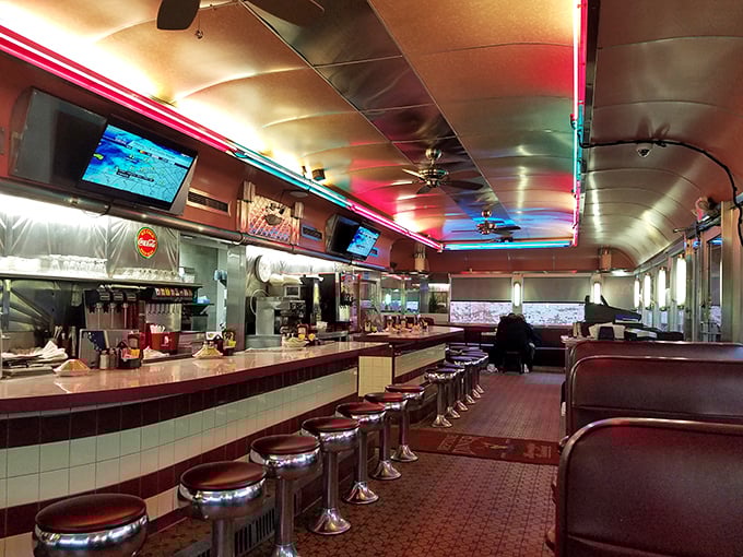 Step inside and you're transported to diner heaven—chrome stools, neon lighting, and that unmistakable counter where breakfast dreams come true.