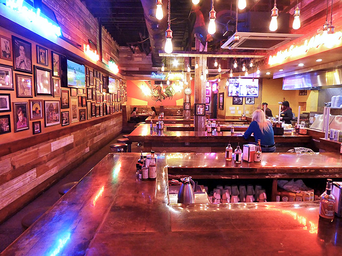 Inside Sun Diner, Edison bulbs cast a warm glow over polished wood counters while music legends watch from every wall—breakfast with an audience of icons.