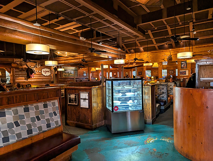 Step inside and you're transported from Central Valley to alpine retreat—wooden beams, warm lighting, and the promise of sizzling steaks ahead.