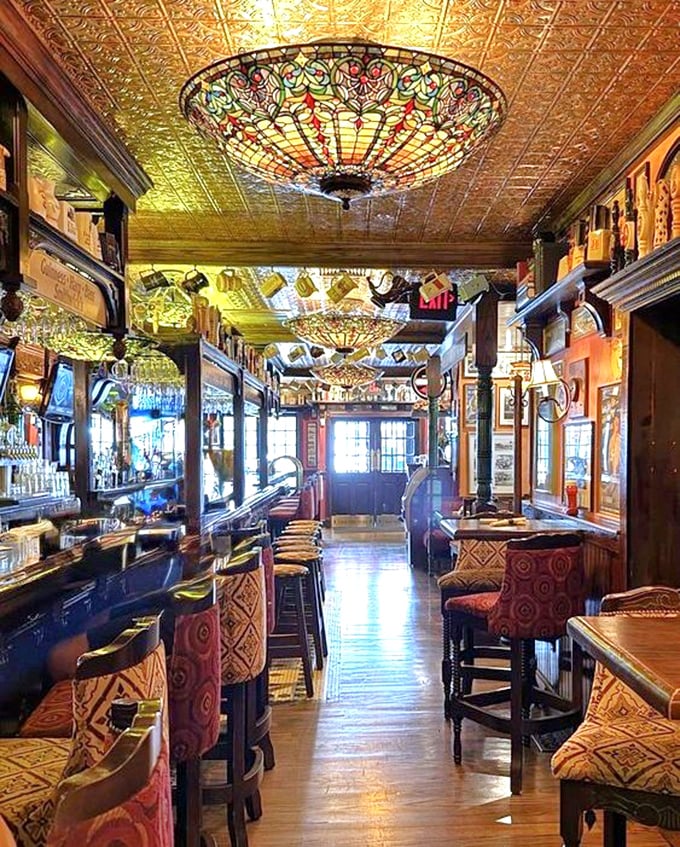 Step inside and the stained glass fixtures transport you to another era. This isn't just a pub—it's a time machine with excellent food service.