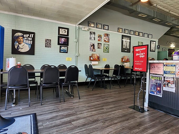 Step inside and you're family. The "Nip it in the bud!" poster reminds you that in Mt. Airy, nostalgia isn't just served – it's the main course.