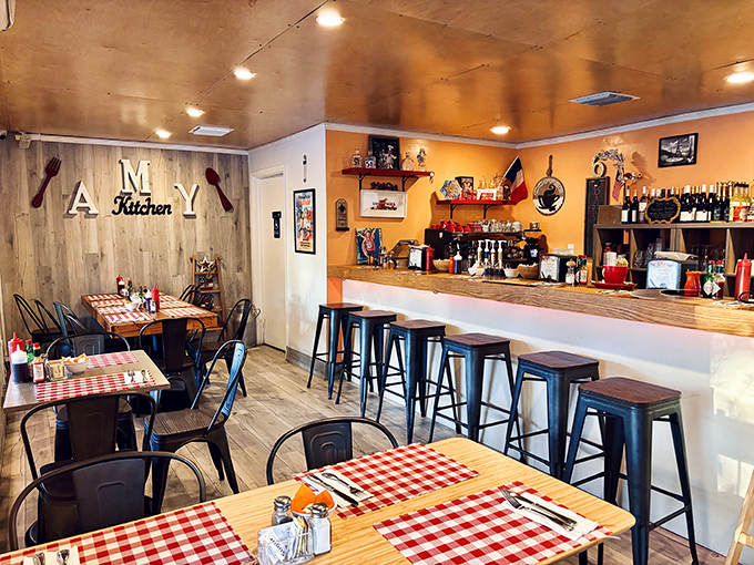 Inside, rustic wooden accents and checkered tablecloths create that perfect "I've discovered something special" atmosphere.