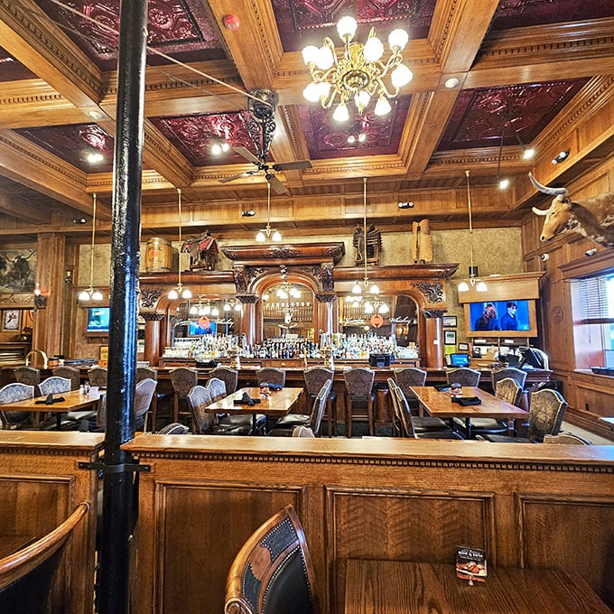 That ceiling! Those chandeliers! The bar's ornate woodwork transforms dinner into a scene from "Deadwood" – but with better food and fewer shootouts.