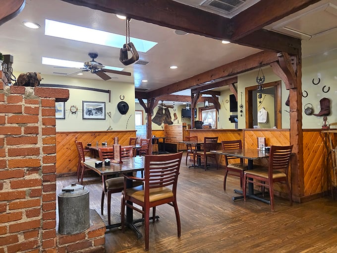 Exposed beams, wooden paneling, and horseshoes on the walls – this isn't designer "rustic chic," folks, it's the real deal that's been serving comfort for decades.