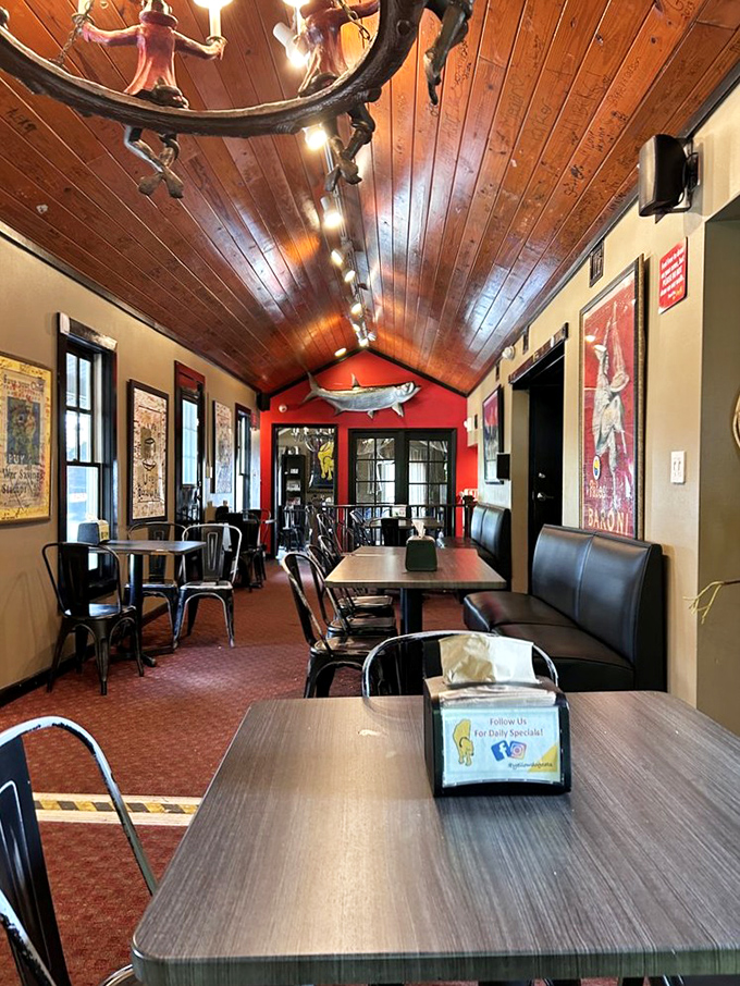 Wooden ceiling beams and eclectic décor create the perfect backdrop for sandwich worship. This isn't just eating—it's a culinary sanctuary.