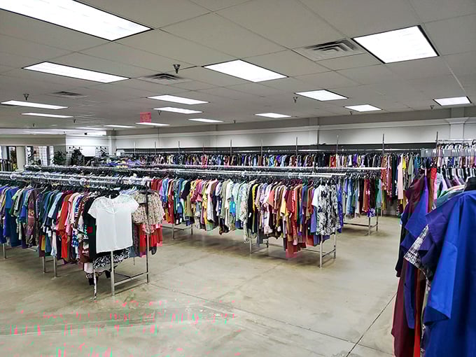 Like a well-organized rainbow, racks stretch toward the horizon in a thrifter's paradise where everything has its perfect place.